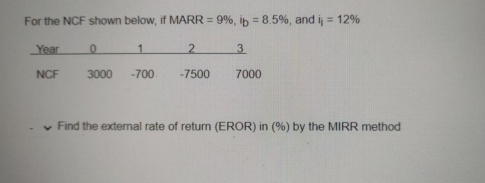 Solved For the NCF shown below, if MARR =9%,ib=8.5%, and | Chegg.com