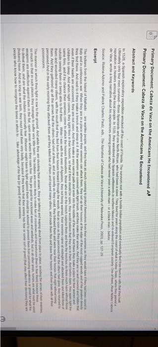 Primary Document: Cabeza de Vaca on the Americans He | Chegg.com