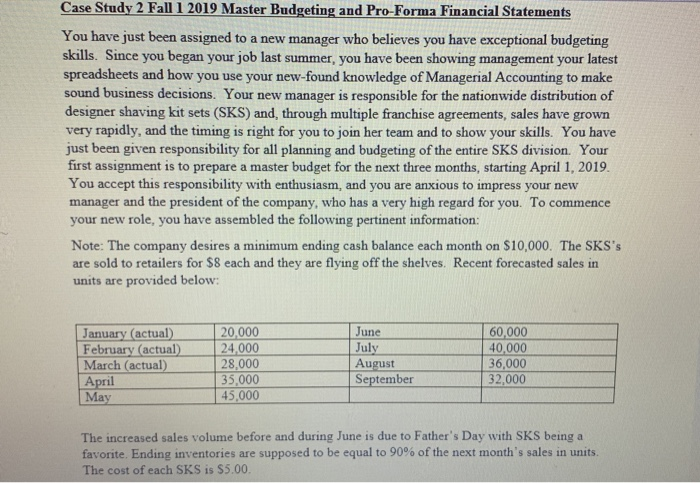 Case Study 2 Fall 1 2019 Master Budgeting and | Chegg.com
