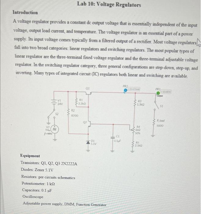Lab 10: Voltage Regulators Introduction A voltage | Chegg.com