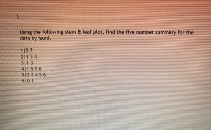 Solved Using the following stem & leaf plot, find the five | Chegg.com