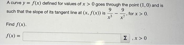 Solved A curve y=f(x) defined for values of x>0 goes through | Chegg.com