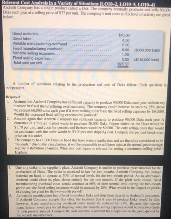 Solved Relevant Cost Analysis in a Variety of Situations | Chegg.com