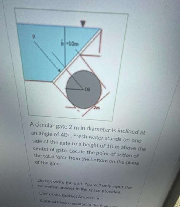 Solved 10m CG A circular gate 2 m in diameter is inclined at | Chegg.com
