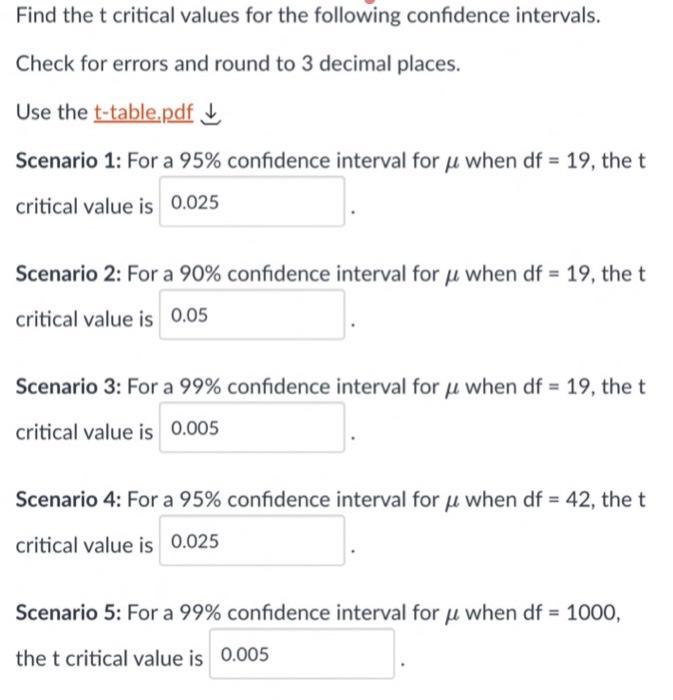 Solved Find the t critical values for the following | Chegg.com