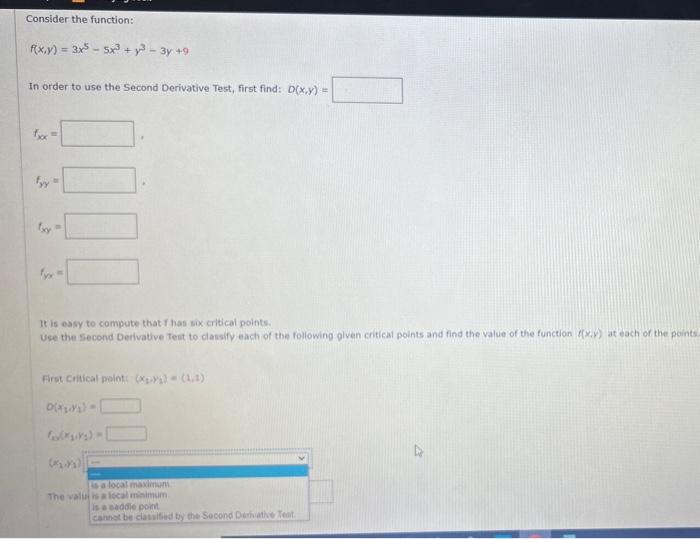 Solved Consider the function: f(x,y)=3x5−5x3+y3−3y+9 In | Chegg.com