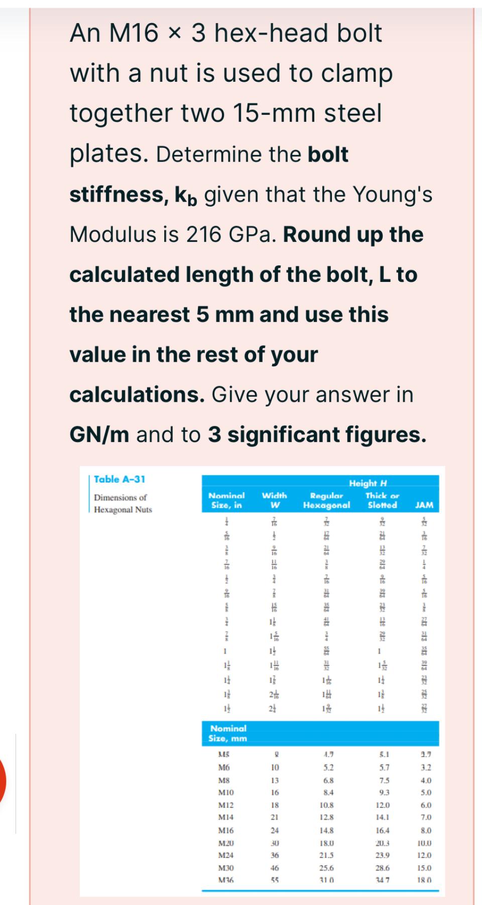 Solved An M16 ×3 ﻿hex-head bolt with a nut is used to clamp | Chegg.com
