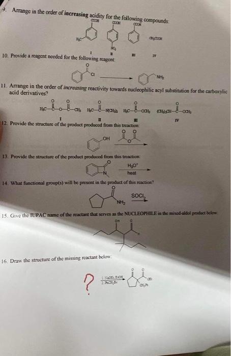 Solved 9. Arrange in the order of increasing acidity for the | Chegg.com
