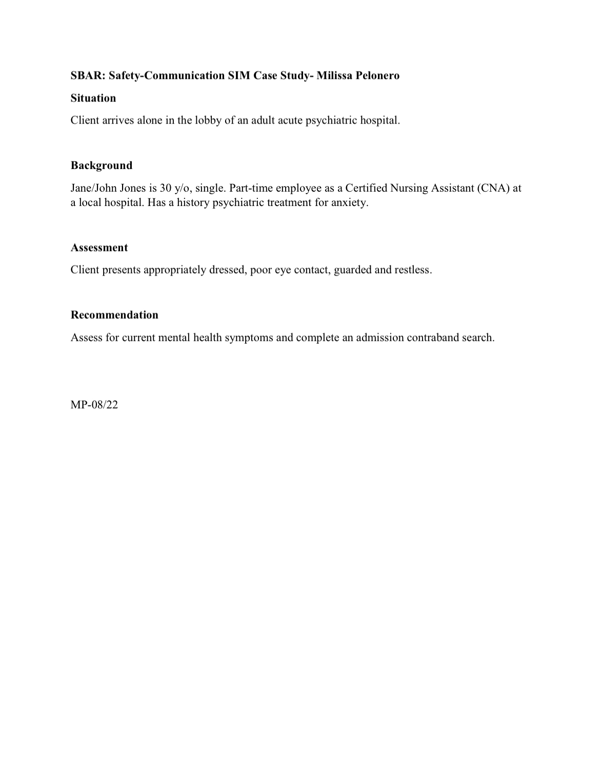 Solved SBAR: Safety-Communication SIM Case Study-Milissa | Chegg.com