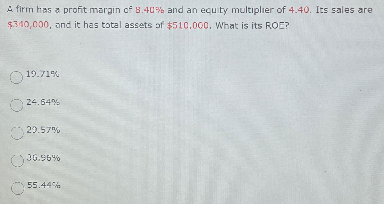 Solved A firm has a profit margin of 8.40% ﻿and an equity | Chegg.com