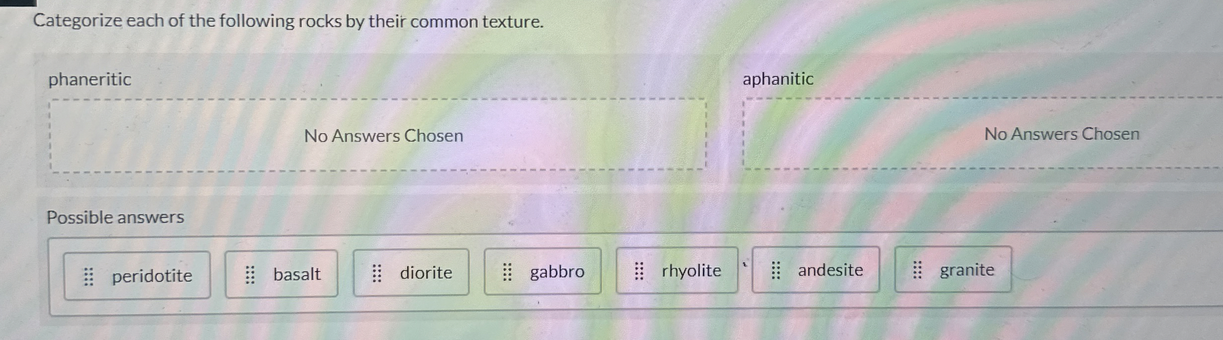 Solved Categorize each of the following rocks by their | Chegg.com