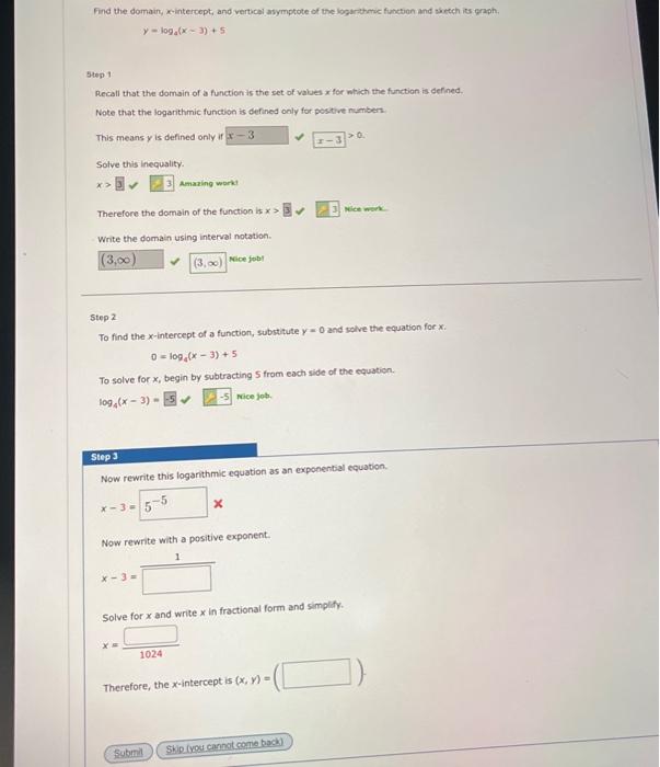 Solved y=log4(x−3)+5 Step 1 Recall that the domain of a | Chegg.com