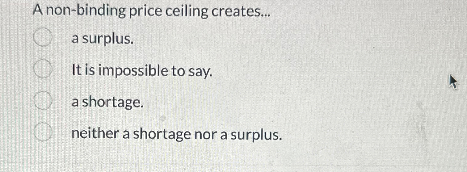Solved A non-binding price ceiling creates...a surplus.It is | Chegg.com