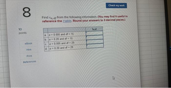 Solved Find ta,df from the following information. (You may | Chegg.com