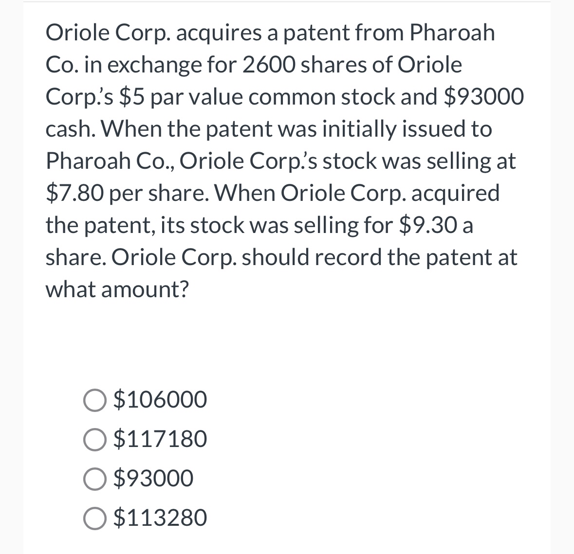 Solved Oriole Corp. acquires a patent from Pharoah Co. ﻿in | Chegg.com