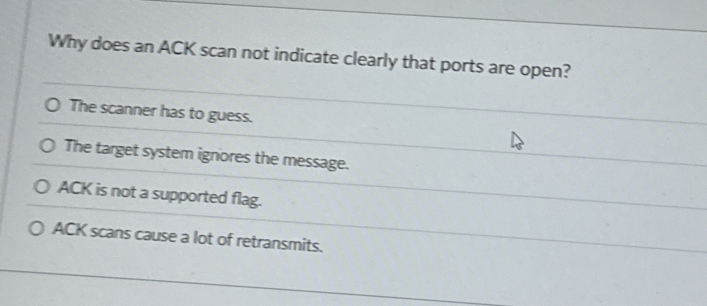 Solved Why does an ACK scan not indicate clearly that ports | Chegg.com