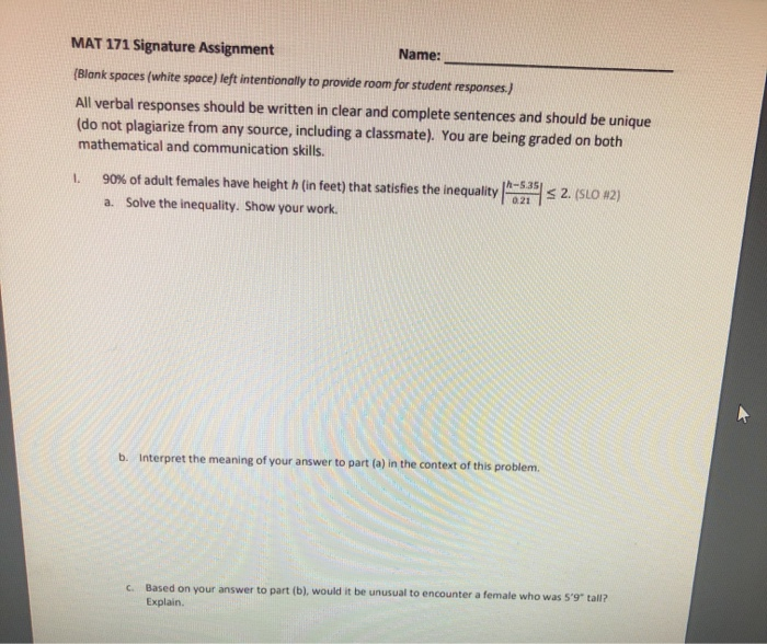 Solved MAT 171 Signature Assignment Name: (Blank spaces | Chegg.com