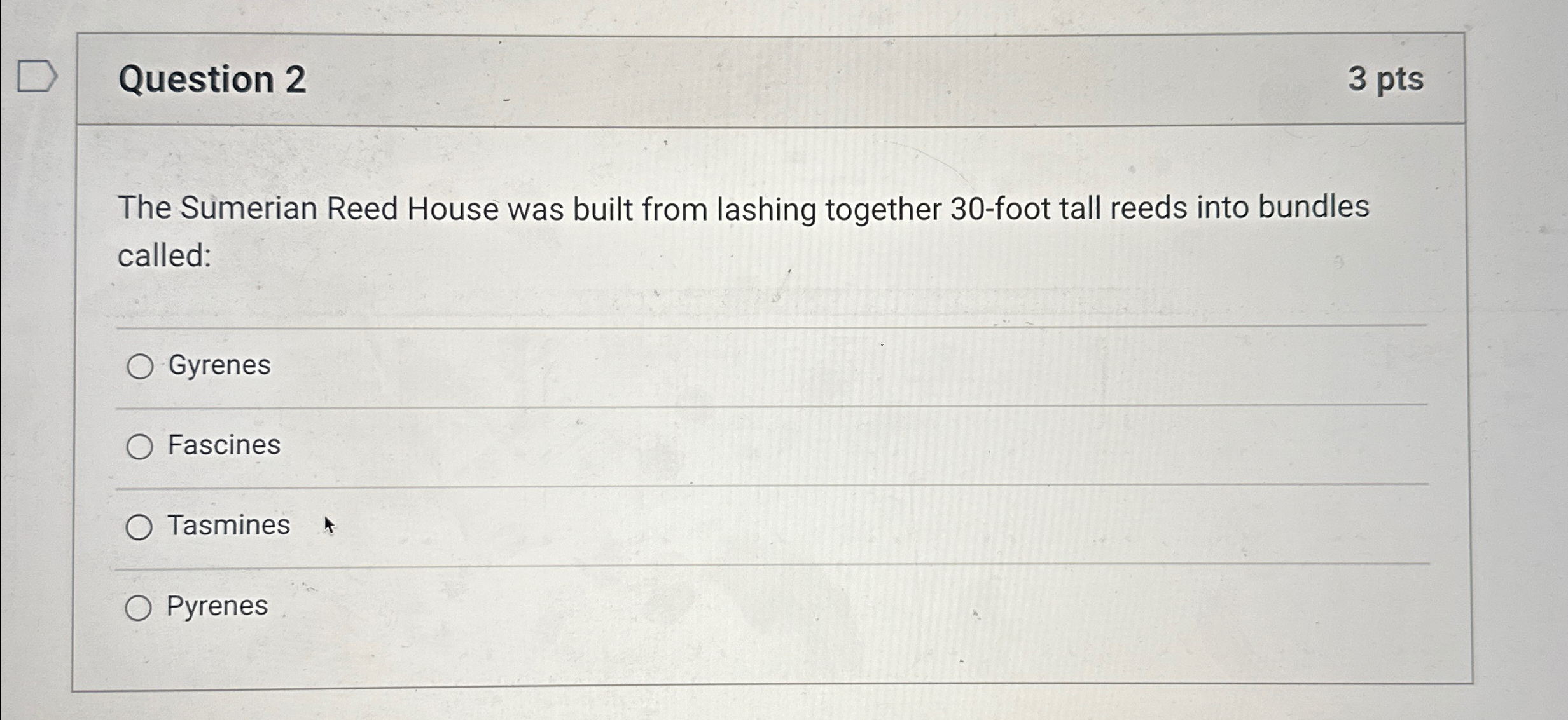 Solved Question 23ptsThe Sumerian Reed House was built from | Chegg.com