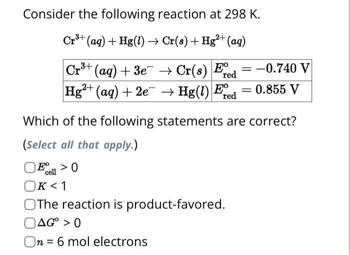 Consider the following reaction at 298 K. | Chegg.com