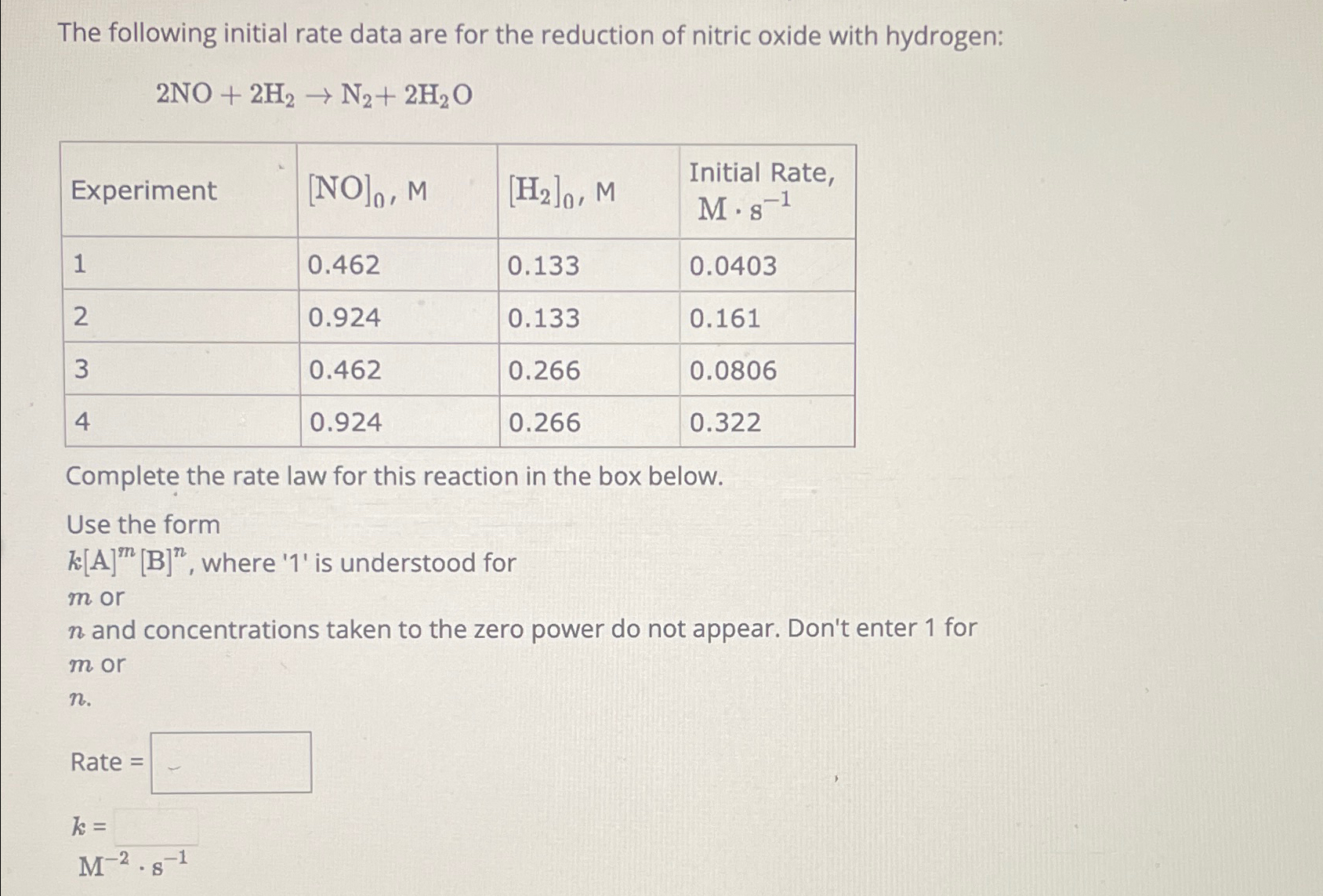 Solved The following initial rate data are for the reduction | Chegg.com
