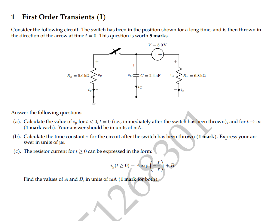 Solved 1 ﻿First Order Transients (I)Consider the following | Chegg.com