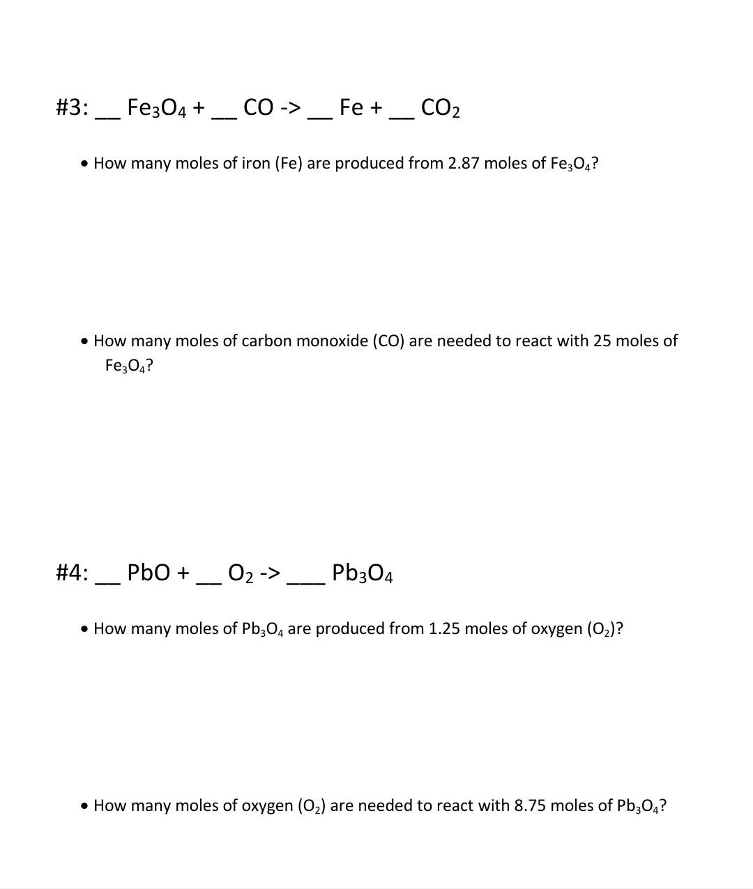 Solved Mole to Mole Calculations: Balance the following | Chegg.com