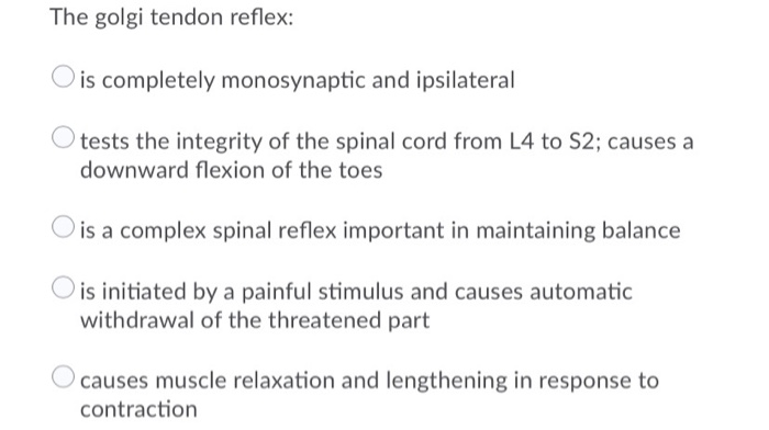 Solved The golgi tendon reflex: O is completely monosynaptic | Chegg.com