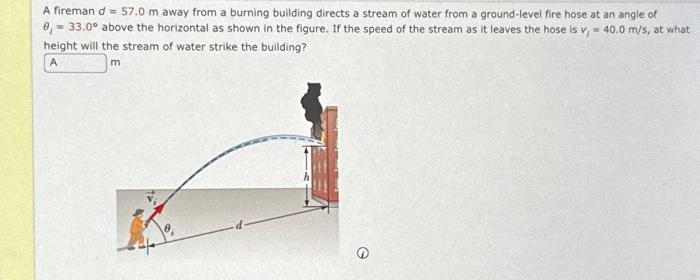 Solved A fireman d=57.0 m away from a burning building | Chegg.com