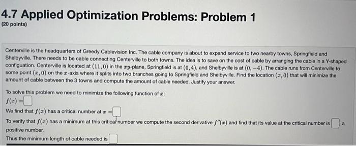 Solved 4.7 Applied Optimization Problems: Problem 1 (20 | Chegg.com