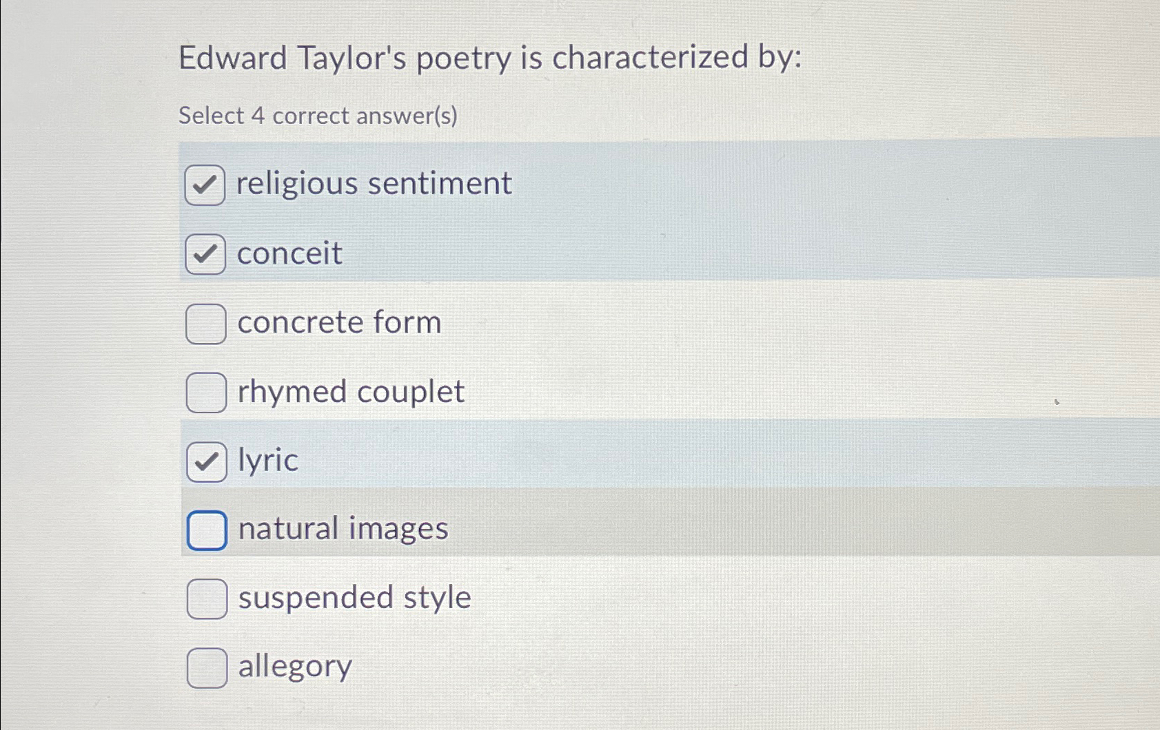 Solved Edward Taylor's poetry is characterized by:Select 4 | Chegg.com