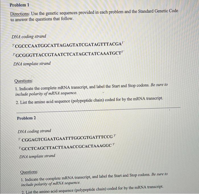 Solved Directions: Use the genetic sequences provided in | Chegg.com