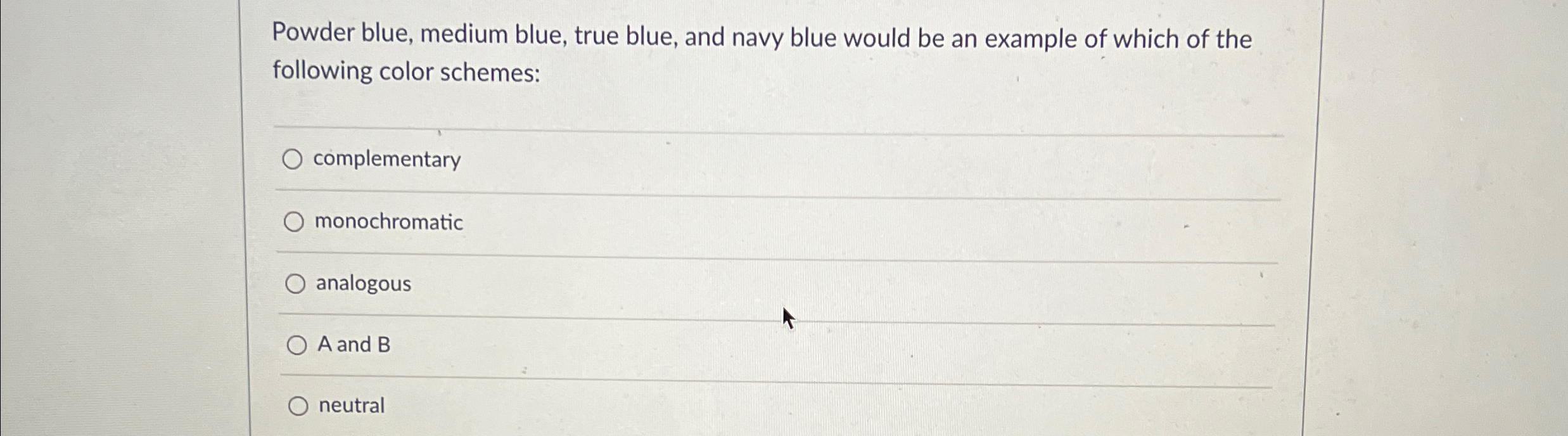 Solved Powder blue, medium blue, true blue, and navy blue | Chegg.com