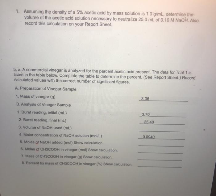 Solved 1. Assuming the density of a 5% acetic acid by mass | Chegg.com