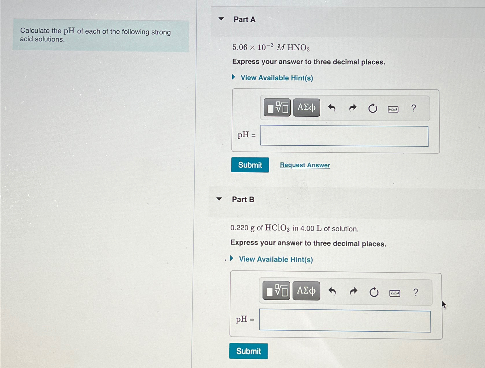 Solved Calculate the pH ﻿of each of the following strong | Chegg.com