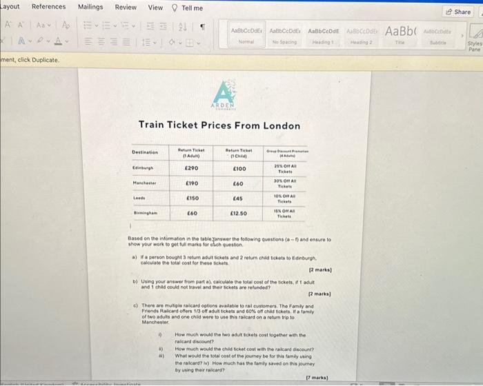 Solved Train Ticket Prices From London Based on the | Chegg.com