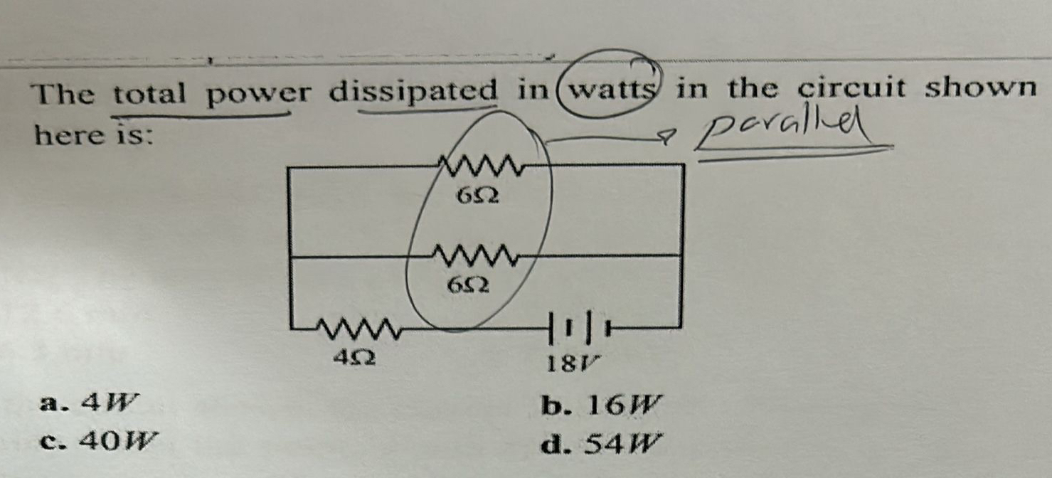 Solved The total power dissipated in watts in the circuit | Chegg.com