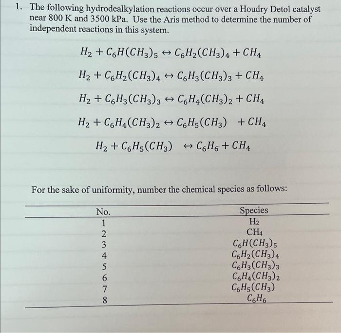 Solved 1. The following hydrodealkylation reactions occur | Chegg.com