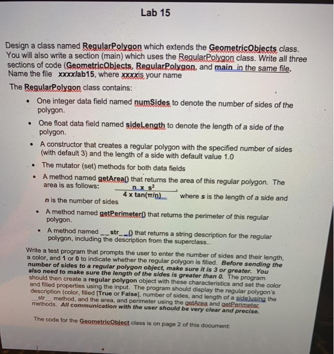 Solved Lab 15 Design a class named Regular Polygon which | Chegg.com