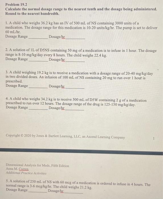 Solved Problem 19.2 Calculate the normal dosage range to the | Chegg.com