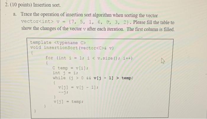 Solved 2. (10 points) Insertion sort. a. Trace the operation | Chegg.com