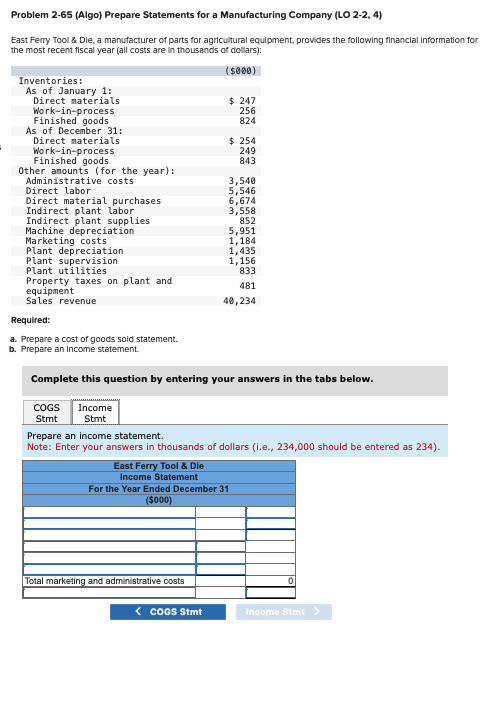 Solved Problem 2-65 (Algo) ﻿Prepare Statements for a | Chegg.com