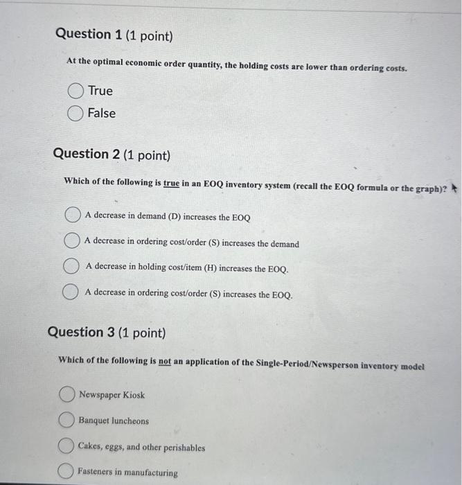Solved At the optimal economic order quantity, the holding | Chegg.com