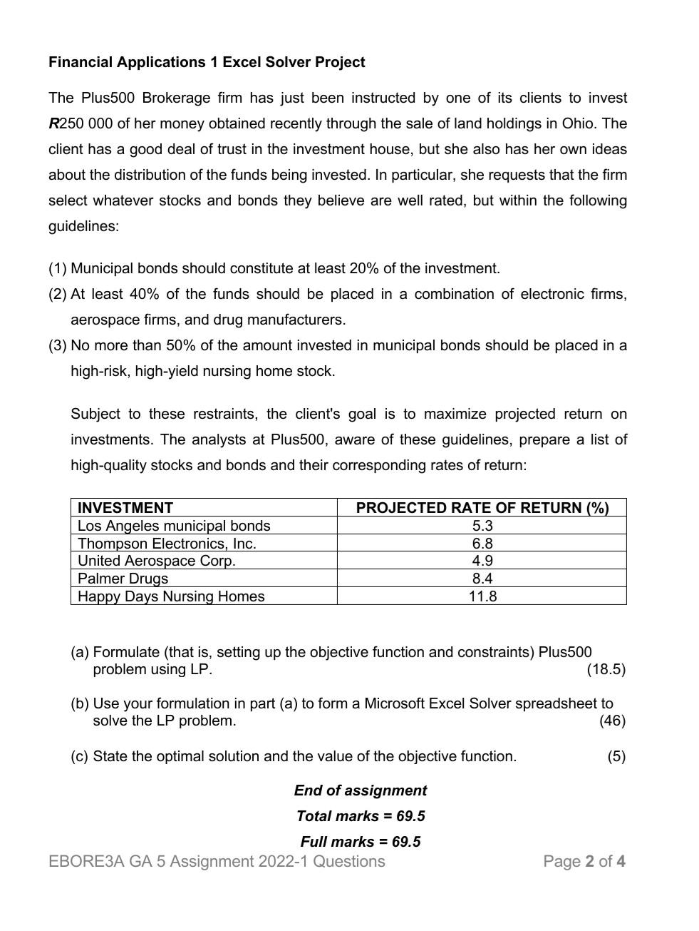 Solved Financial Applications 1 Excel Solver Project The | Chegg.com