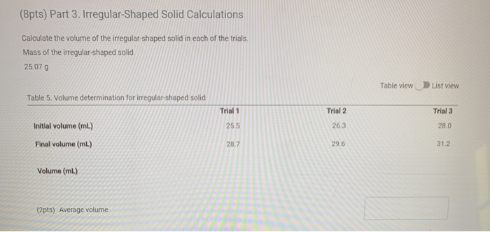 Solved (8pts) Part 3. Irregular-Shaped Solid Calculations | Chegg.com