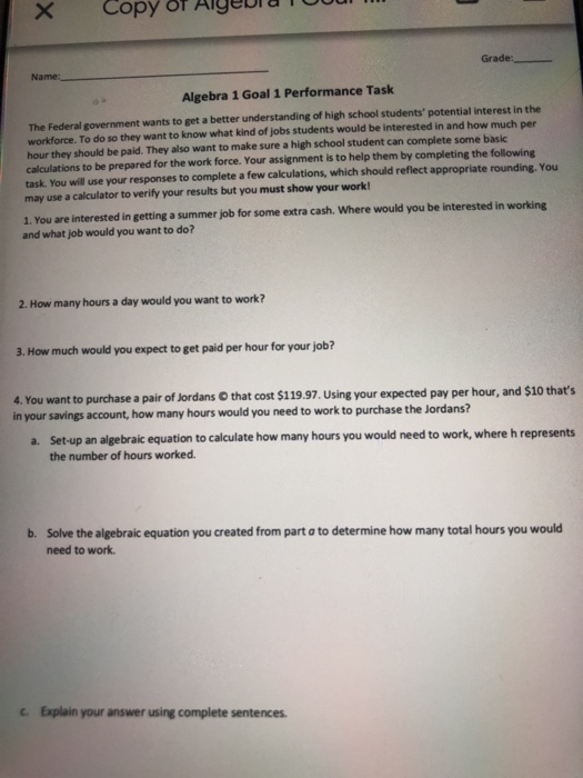 Solved x Copy Grade: Name: Algebra 1 Goal 1 Performance Task | Chegg.com