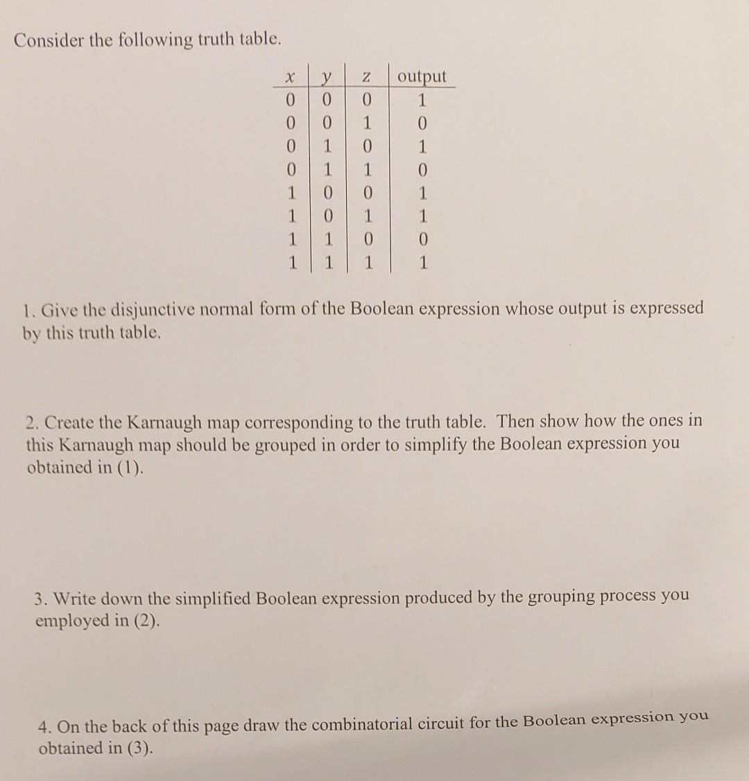 Solved Consider the following truth table. 1. Give the | Chegg.com