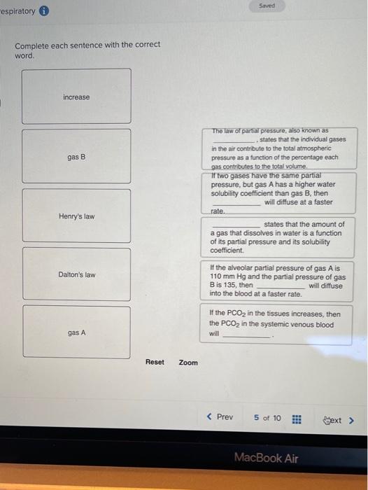 Solved Saved respiratory Complete each sentence with the | Chegg.com