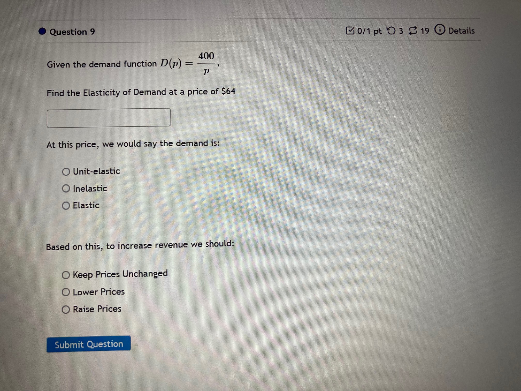 Solved Question 9Given the demand function D(p)=400pFind the | Chegg.com