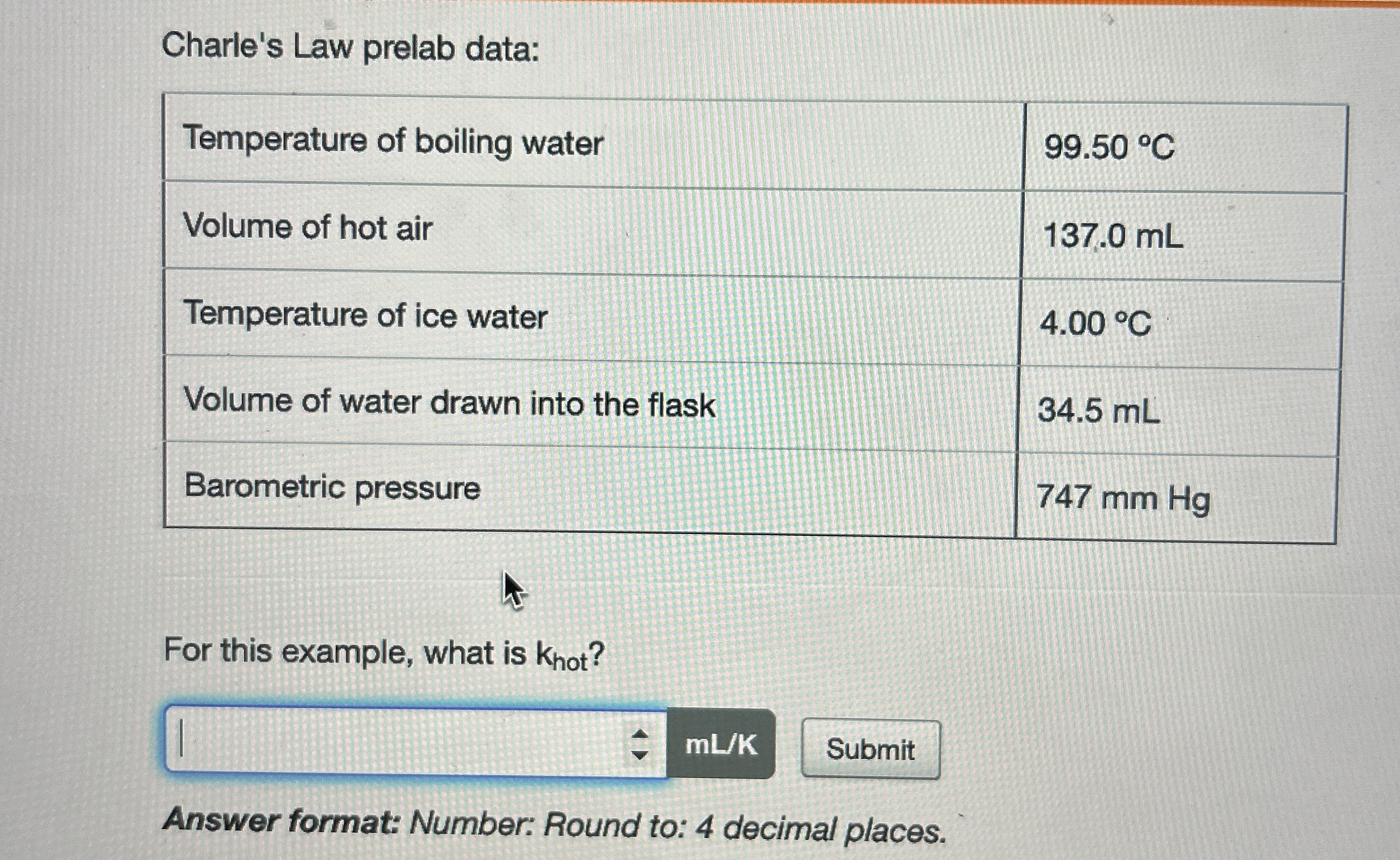 Solved Charle's Law prelab data:\table[[Temperature of | Chegg.com
