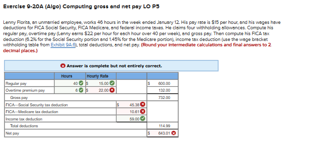 Solved Exercise 9-20A (Algo) ﻿Computing gross and net pay LO | Chegg.com